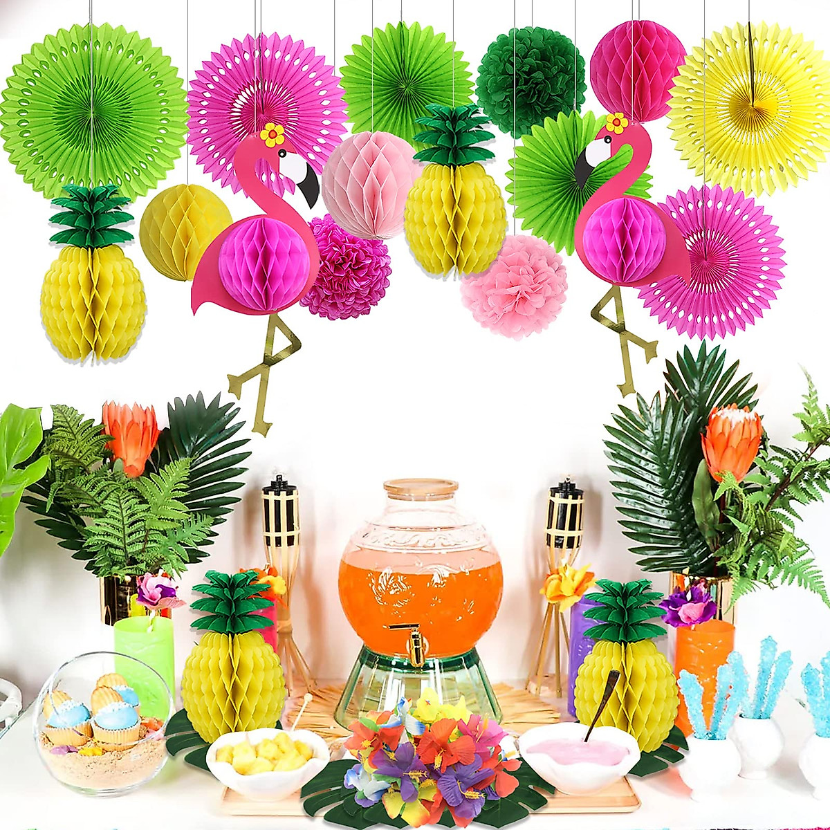 Flamingo Party Supplies, Luau Party Decorations Topical Flamingo and Pineapple Honeycomb Balls Paper Fans Pom Poms Flowers Hibiscus Flowers for Hawaiian Birthday Beach Bachelorette Party