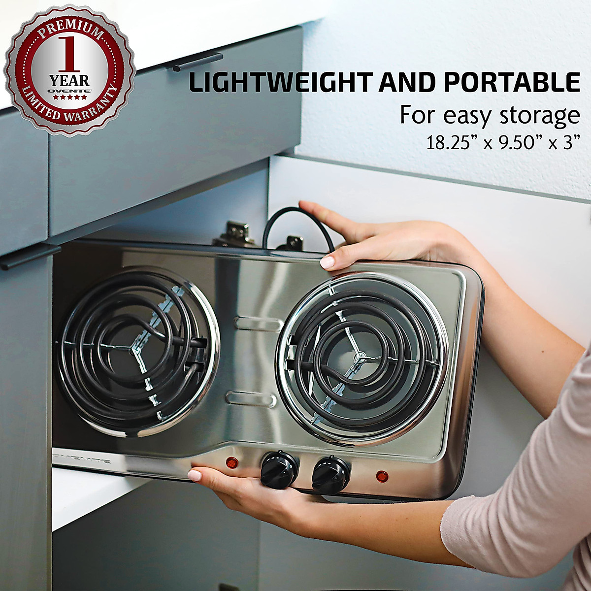 OVENTE Electric Countertop Double Burner, 1700W Cooktop with 6" and 5.75" Stainless Steel Coil Hot Plates, 5 Level Temperature Control, Indicator Lights and Easy to Clean Cooking Stove, Silver BGC102S