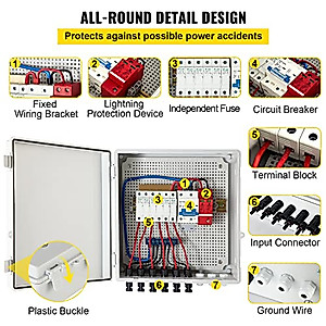 VEVOR PV Combiner Box, 6 String with 15A Rated Current Fuse, 125A Circuit Breaker, Lightning Arreste Connector for On/Off Grid Solar Panel System, IP65 Waterproof, White