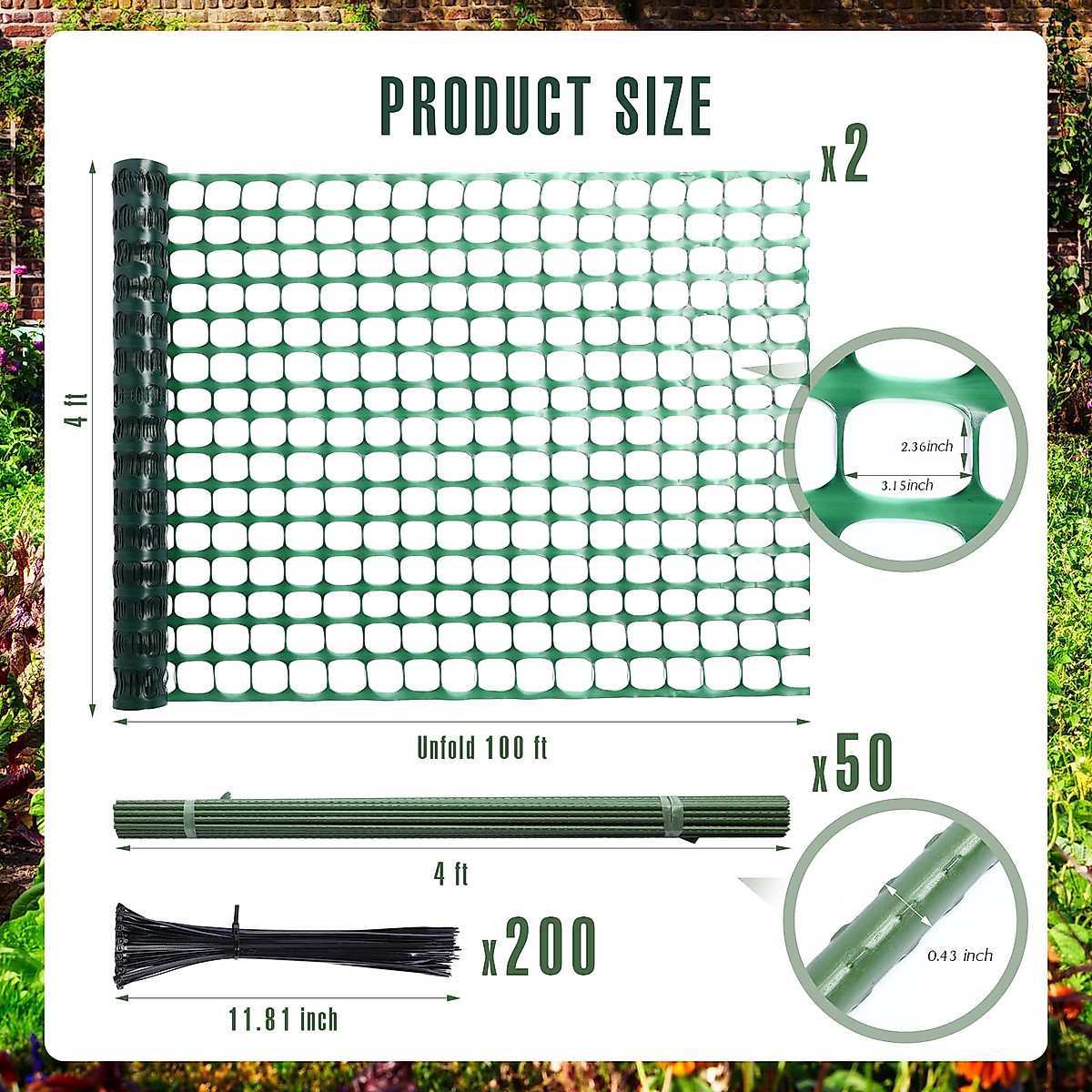 Thyle 2 Roll Plastic Garden Fence 4 x 100 ft Mesh Fencing Roll Outdoor Snow Fence with 50 Fence Stakes 200 Cable Ties Green Temporary Poultry Fence Safety Construction Barrier Net for Yard Pet Plants