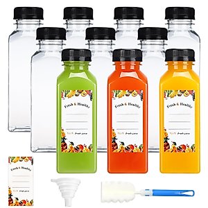Moretoes 10pcs 12oz Plastic Bottles with Caps, Empty Reusable Drink Containers with Labels, Bulk Clear Beverage Containers for Juicing Drinking Milkshake Tea and Other Beverages