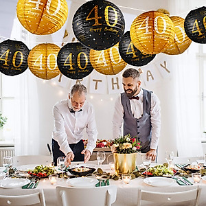 6 Pieces Birthday Party Decorations Hanging Paper Lanterns Black Gold Glittery Anniversary Party Birthday Sign Decorations for Men Women Teen Birthday Party Decorations Supplies (40th Style)