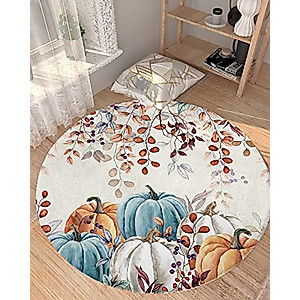 Thanksgiving Fluffy Round Area Rug Carpets 5ft, Teal Orange Pumpkin Fall Brown Eucalyptus Leaves Plush Shaggy Carpet Soft Circular Rugs, Non-Slip Fuzzy Accent Floor Mat for Living Room Bedroom Nursery