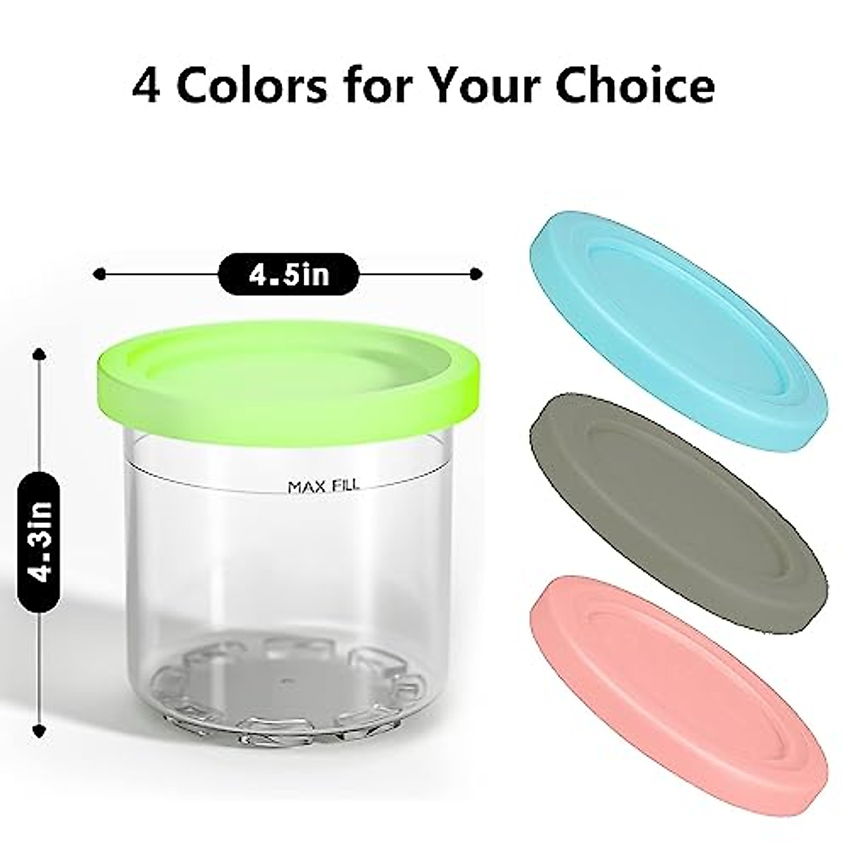 BBAUER Ice Cream Containers 4 Pack for Ninja Creami Pints and Lids,Compatible with NC301 NC300 NC299AMZ Series Ice Cream Maker,16oz Cup,with 4 PC Spoons,Dishwasher Safe,Pink/Green/Grey/Blue