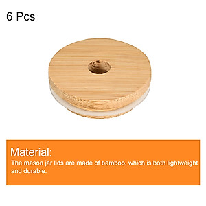uxcell Mason Jar Lids with Straw Hole, 6pcs - Bamboo Lids with Silicone Ring for Glass Cups 70mm Regular Mouth Leak Proof Fits Storage Jars(Wood Color)