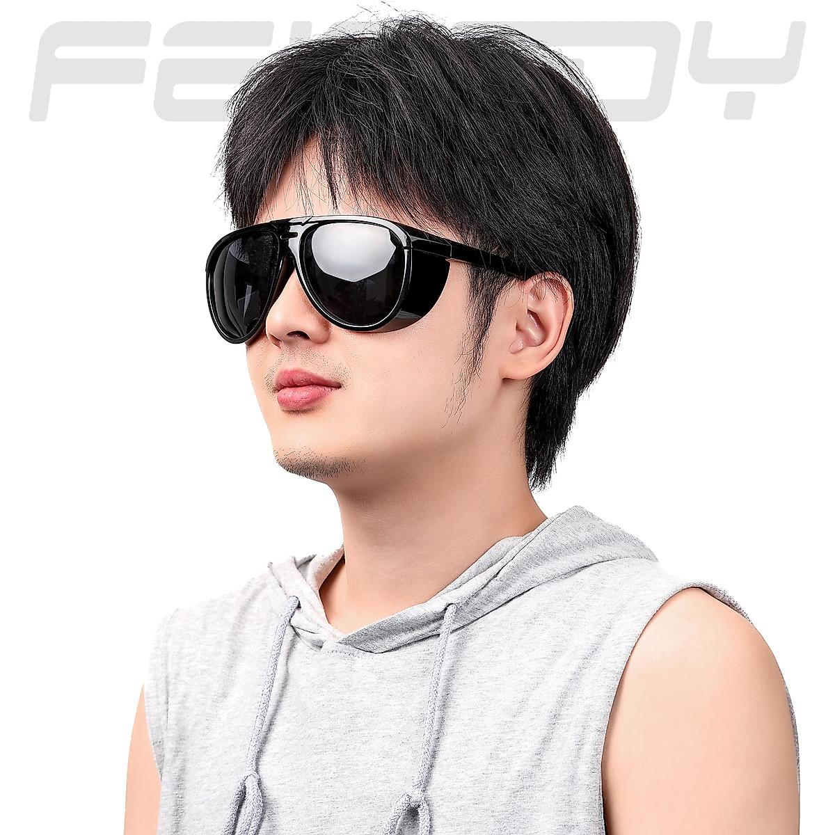FEISEDY Polarized Aviator Sunglasses Men Women Oversized Round Steampunk Sunglasses Side Shield Goggles B0095
