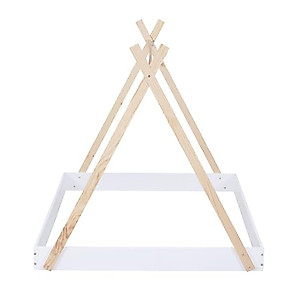 anwickjeff Full Size Tent Floor Bed with Triangle Structure, Moden Full Teepee Bed Platform Bed Frame,Wood Montessori Floor Bed for Kids Girls Boys (White+Natural)