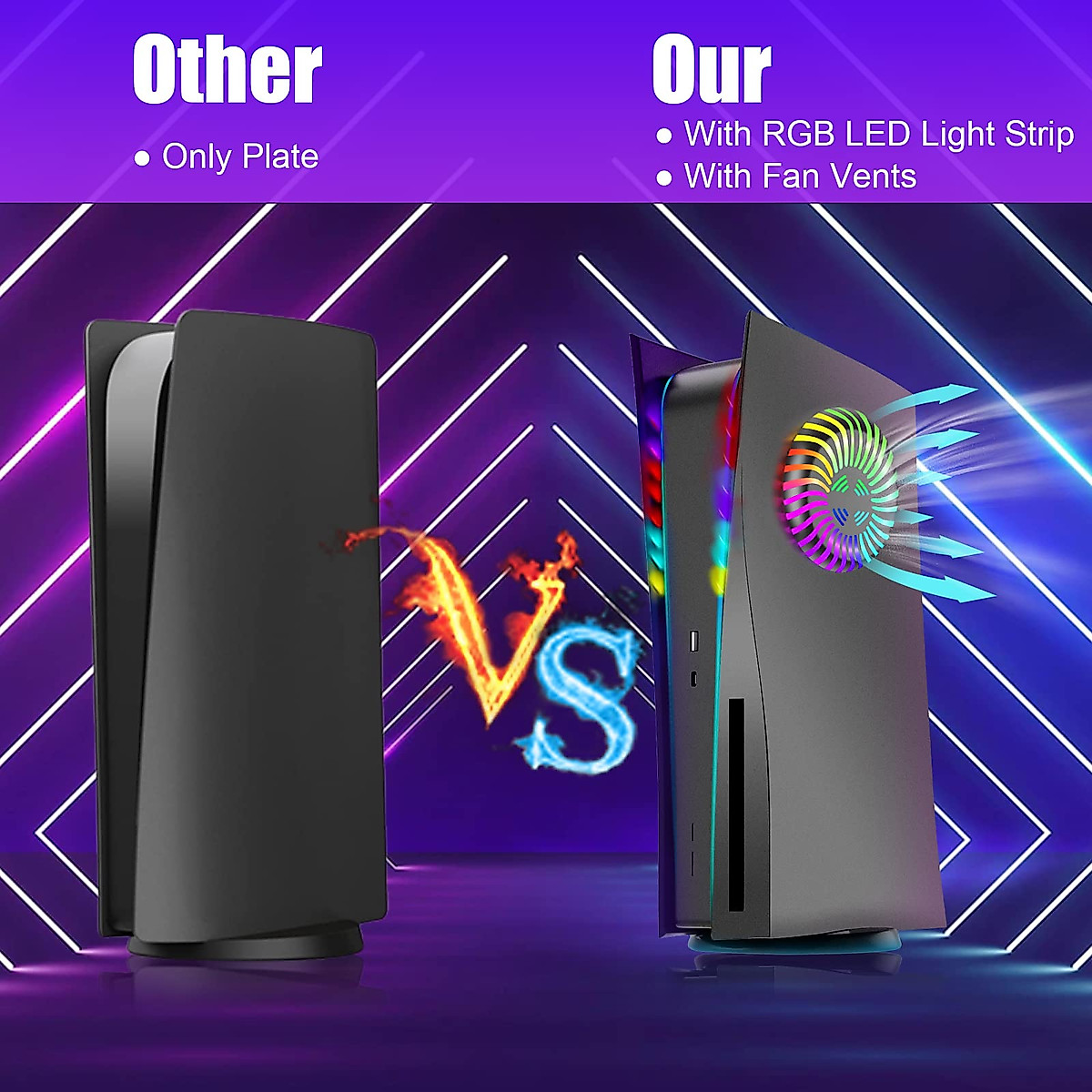 Joso Face Plates Cover and RGB LED Light Strip for PS5 Disc Edition Console, Shell Plates with Fan Vents for PS5 Accessories, Music Sync with 8 Colors 400+ Lighting Effects for PS5, ABS Anti-Scratch