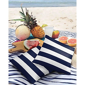 Outdoor Pillow Covers 26x26 Waterproof Polyester Throw Pillow Covers, Navy Blue White Stripes Decorative Pillowcases Garden Cushion Case for Patio Couch Sofa Decoration Set of 2, Geometric Summer