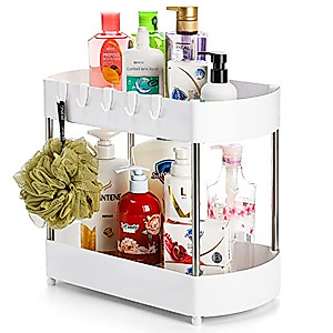 Dicunoy Under Sink Organizer and Storage, Plastic Under Cabinet Shelf for Bathroom, Multi-Purpose White 2 Tier Counter Side Organizer Bins with Hooks for Kitchen, Coffee Bar, Office, Table