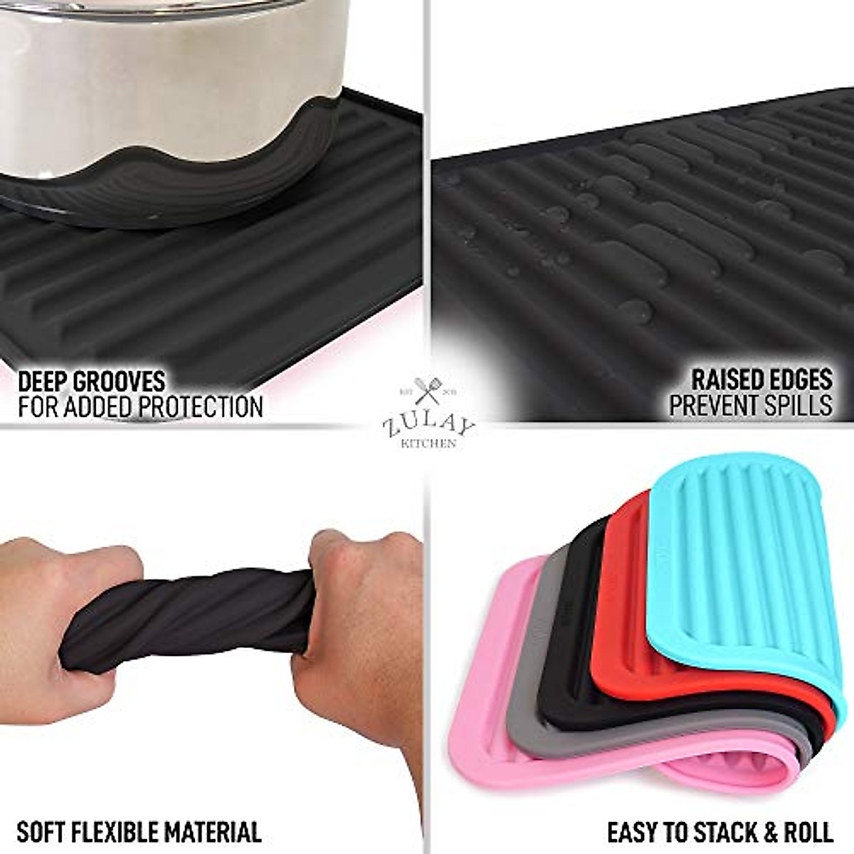 Zulay 2 Pack (9"x12") Silicone Trivets for Hot Pots and Pans - Multi-Purpose & Versatile Trivet Mat - Heat Resistant Silicone Trivet - Durable & Flexible Hot Pads for Kitchen Counter - Black