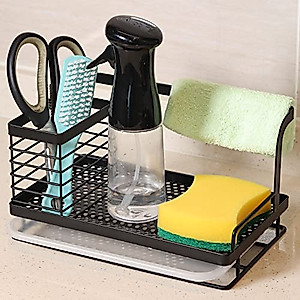 Homeve Kitchen Sink Caddy Organizer, Dishcloth Holder, Removable Drain Pan, Sponge, Brush Holder Rack, Bathroom Storage Organization on The countertop Stainless Steel Rustproo, Black-1 Pack