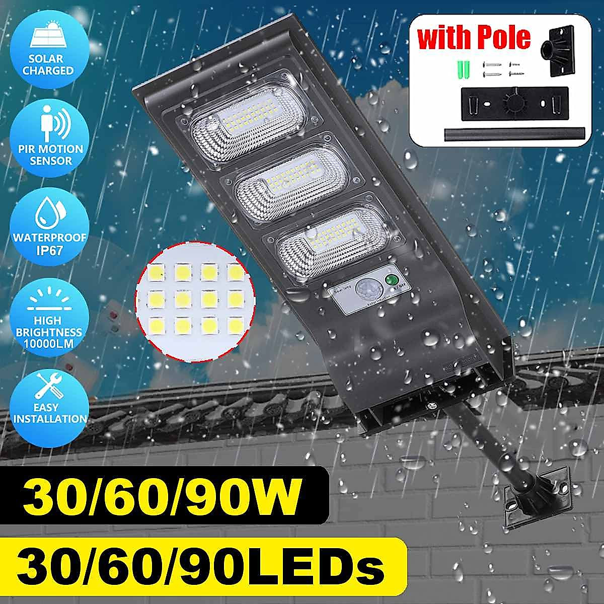 LED Solar Street Light Powerful COB Solar Light PIR Motion Sensor IP67 Outdoor Solar Wall Street Light Waterproof Lamp (30w)
