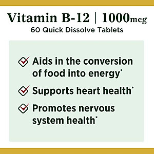 Vitamin B12 by Nature's Bounty, Quick Dissolve Vitamin Supplement, Supports Energy Metabolism and Nervous System Health, 1000mcg, 60 Tablets