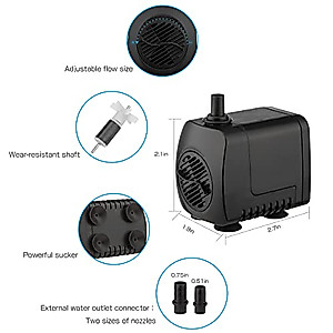 Fountain pump Submersible Water pump Kit with LED Light 220 GPH Waterproof Silent outdoor Pond pump Small Aquarium pump for Hydroponic Aquarium Air Fish tank with Decorations Plants Sunterra