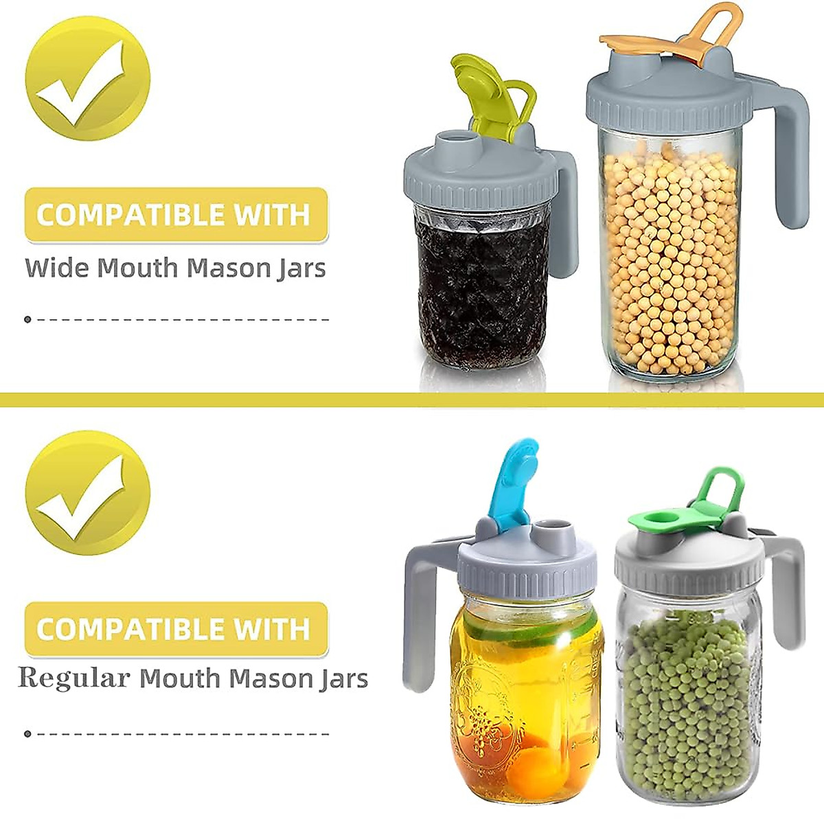 4 Pack Mason Jar Flip Cap Lids with Handle for Ball Jars, Including 2 Pack Wide Mouth Mason Jar Lids, 2 Pack Regular Mouth Mason Jar Lids, Airtight and Leak-Proof Spout (Jars not Included)