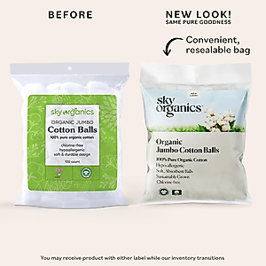 Sky Organics Organic Jumbo Cotton Balls for Sensitive Skin, 100% Pure GOTS Certified Organic for Beauty & Personal Care, 60 ct.