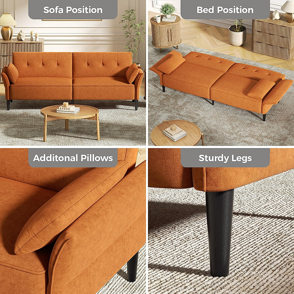 COPIAE 89” Futon Sofa Bed, Velvet Fabric Comfy Futon Couch Bed with 2 Square Pillows, Convertible Sleeper Sofa with Adjustable Backrest& Armrests, Modern Loveseat Sleeper for Living Room, Bedroom