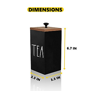 Tea Bag Holder, Farmhouse Tea Caddy, Wood Tea Bag Storage Organizer, Tea Containers with Lid, Tea Bag Dispenser, Tea Canister, Tea Accessories, Great for Tea Bars and Tea Gifts (Black)