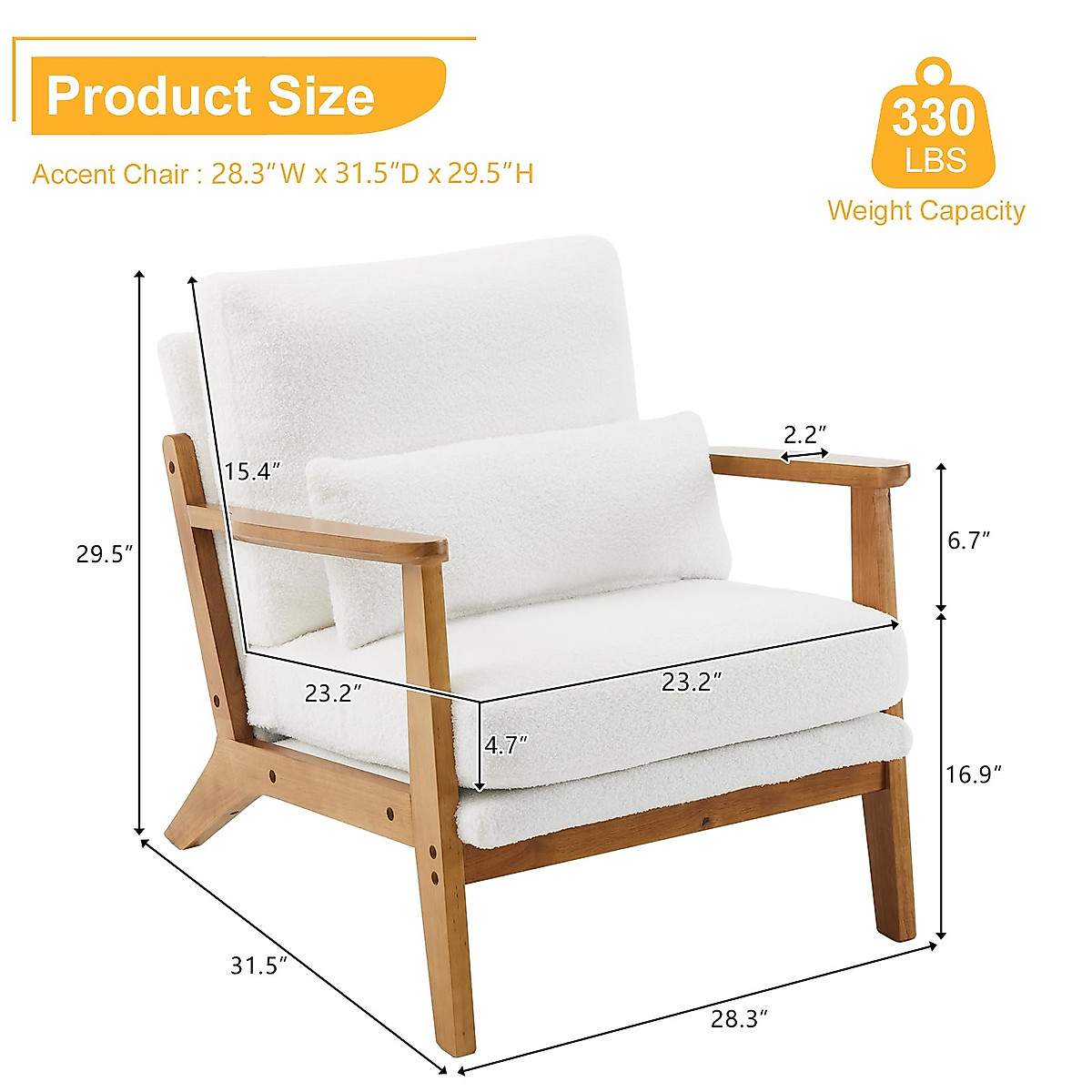 Karl home Accent Chair Wide Armrest Mid-Century Lounge Chair Teddy Fleece Armchair with Lumbar Pillow & Solid Wood Frame for Living Room, Bedroom, Balcony, White