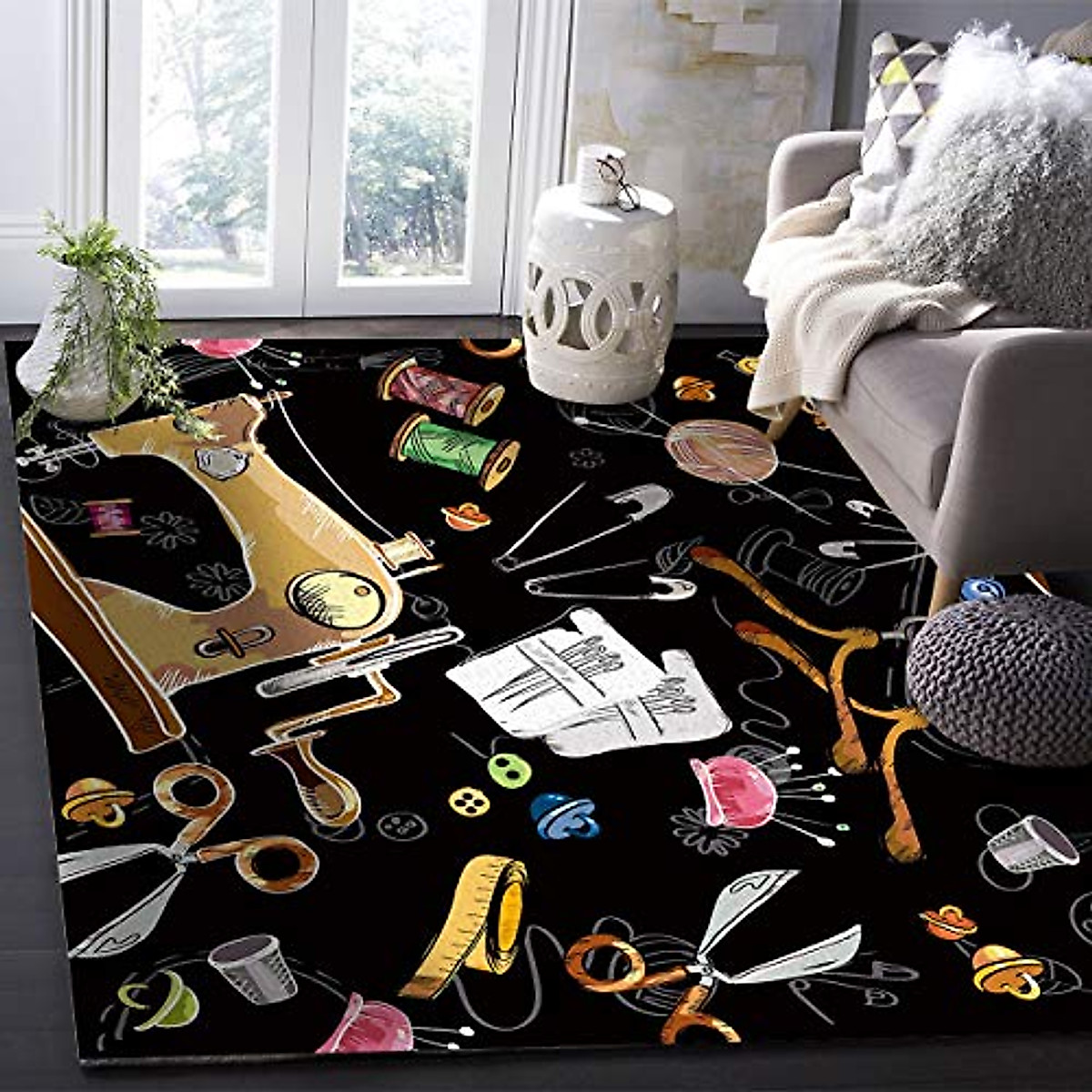 Beauty Decor Rectangle Kitchen Area Rugs 3'x5' Sewing Machine Yarn Scissors Paper Clips Non-Skid Area Carpet for Living Room Comfy Bedroom Home Decorate Floor Carpets Kids Playing Mat.