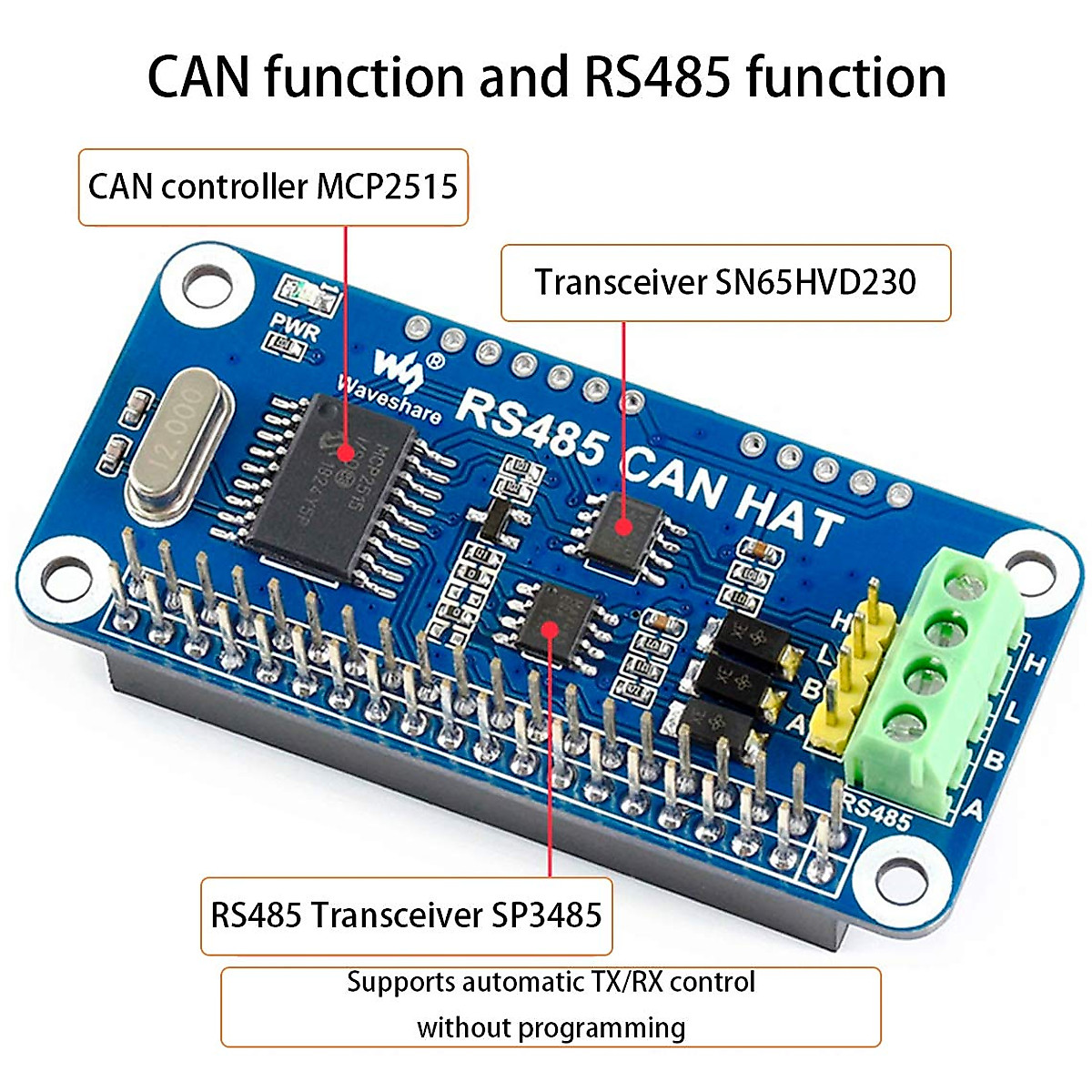 RS485 CAN HAT for Raspberry Pi 4B/3B+/3B/2B/B+/A+/Zero/Zero W/WH/Zero 2W, Long-Distance Communication via RS485/CAN Function Onboard CAN Controller MCP2515 via SPI Interface Transceiver SIT65HVD230DR