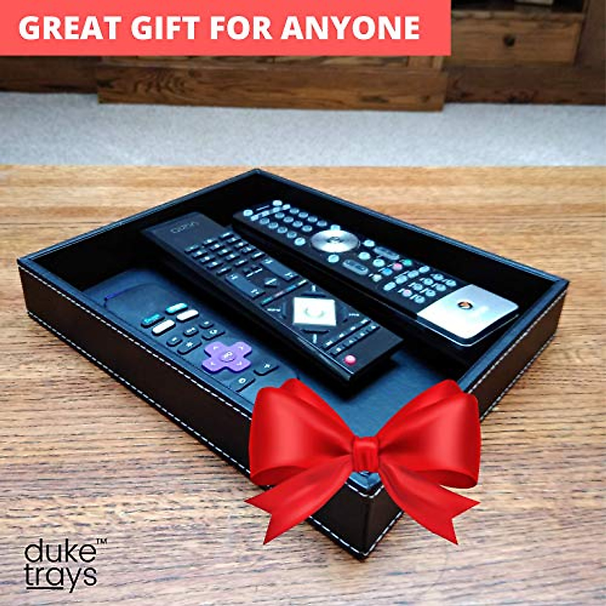 Valet Tray, Dresser Organizer, Desk Tray, Bedside Organizer, Key Bowl, Nightstand Organizer for Men, EDC Tray, Black PU Leather, 10.3 x 8.3 x 1.6 inches