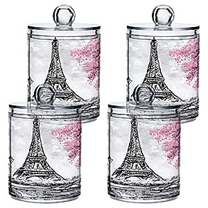 Nander 4Pack Qtip Holder Dispenser -Pink Paris Tower Clear Plastic Apothecary Jars Set - Restroom Bathroom Makeup Organizers Containers for Cotton Swab, Ball, Pads, Floss