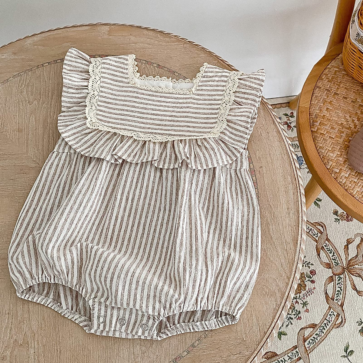 Ashmyova Toddler Girls Linen Summer Casual Dress Kids Vintage Ruffles Stripe Baby Rompers Dresses Kahhi Dress Size 6-7T