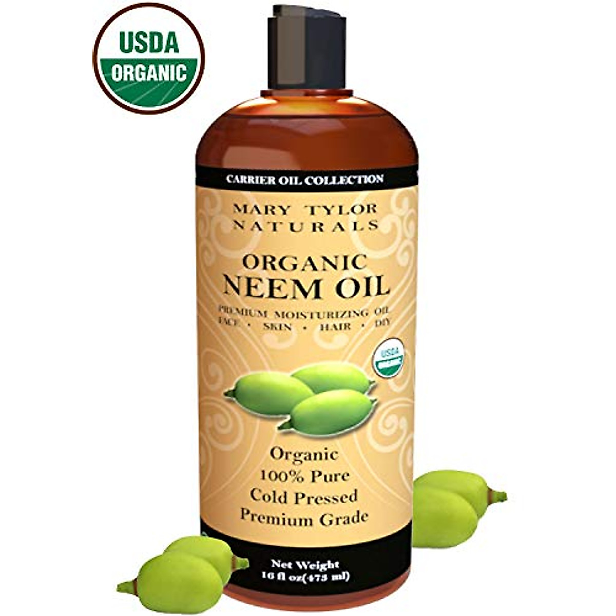 Mary Tylor Naturals Organic Neem Oil (16 oz), USDA Certified, Cold Pressed, Unrefined, Premium Quality, 100% Pure Great for Skincare and Hair Care