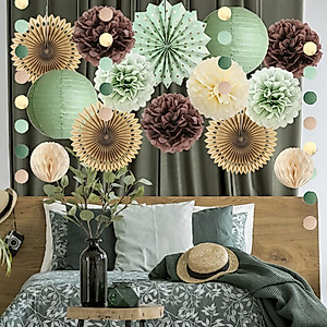 Sage Green and Brown Party Decorations Baby Shower Decorations Sage Green Beige Brown Tissue Paper Pom Poms Lanterns for Sage Green and Brown Birthday Bridal Shower Wedding Room Decor