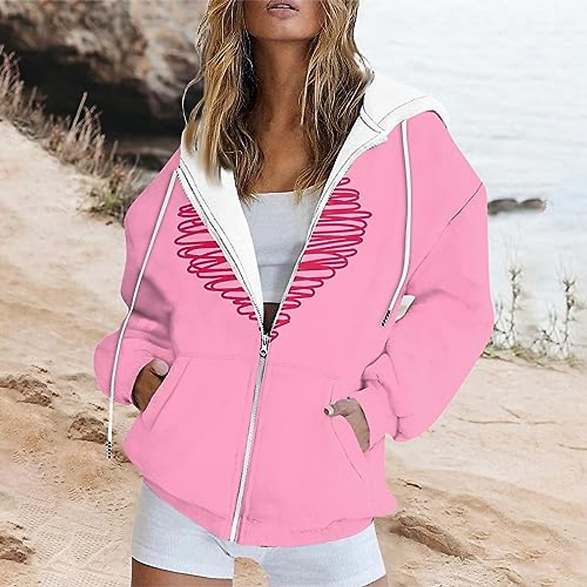 Zippers for Jackets Long Sleeve Long Hoodie for Women Hearts Drawstring Sweatshirts Y2k with Pockets Bohemia Flowy Fleece Womens Coats Thin Cardigan Women Summer Watermelon Red S