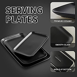 KOOV Ceramic Rectangular Serving Tray, 14/12/10 Inch Large Serving Platter, Porcelain Serving Plates with 3 Sizes, Ceramic Serving Dishes for Party, Food, Appetizers and Dinner, Set of 3 (Matte Black)