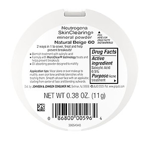 Neutrogena SkinClearing Mineral Acne-Concealing Pressed Powder Compact, Shine-Free & Oil-Absorbing Makeup with Salicylic Acid to Cover, Treat & Prevent Breakouts, Natural Beige 60,.38 oz (Pack of 2)