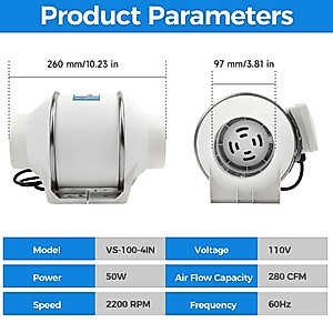 Voltset 4 Inch Duct Fan, Inline Ventilation Exhaust Fan, 280 CFM Duct Intake Fan High Efficiency Air Fan for Duct Vent Bathroom, Kitchen, Grow Tent, Hydroponics, 3D Printer