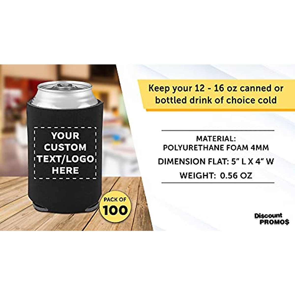 Can Coolers - 100 pack - Customizable Text, Logo - 4mm Collapsible Beer Holders To Keep Your Beer Cold - Insulated Cans Holder - Black