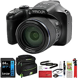 Minolta MN67Z-BK 20MP / 1080p HD Bridge Digital Camera with 67x Optical Zoom Bundle with Lexar Professional 633x 64GB UHS-1 Class 10 SDXC Memory Card and Deco Gear Camera Bag for DSLR (Black)