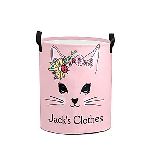Cute Cat Personalized Freestanding Laundry Hamper, Custom Waterproof Collapsible Drawstring Basket Storage Bins with Handle for Clothes