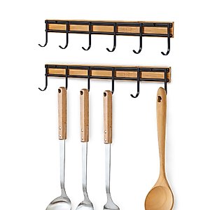 ANGOSUFI Kitchen Utensil Rack, Wall Hooks Rack Kitchen Rail, Wall Mounted Accessory Hanger with 6 Hooks for Kitchen Bathroom Bedroom, Pack of 2