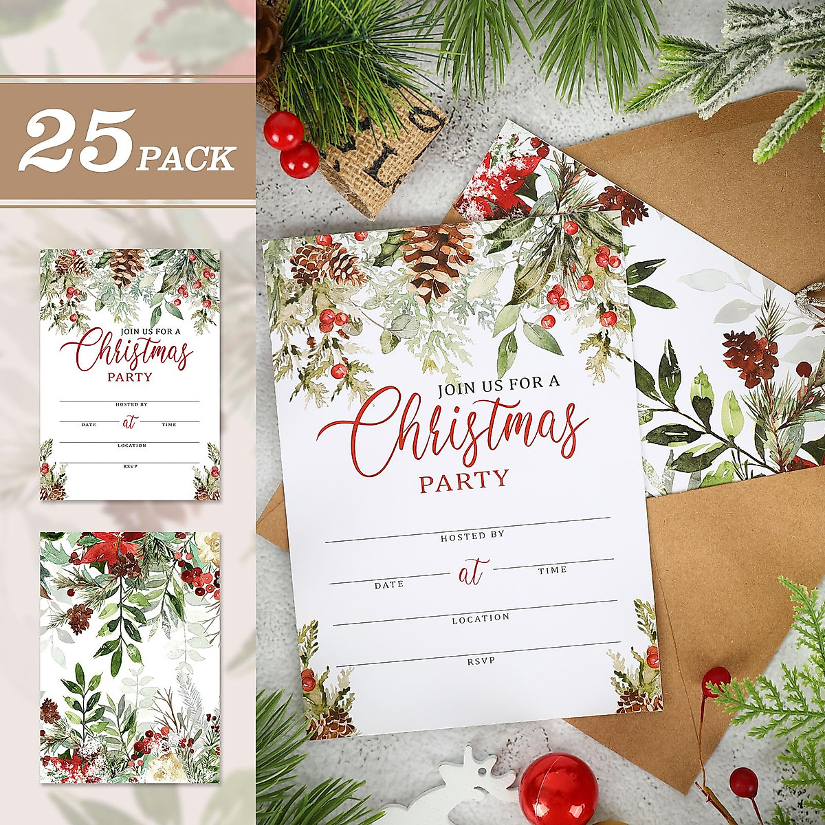 JarThenaAMCS 25 Pack Christmas Party Invitations Watercolor Pine Cone Green Leaves Invitaion Paper Cards with Envelopes Sticker Xmas Invites for Bridal Shower Baby Shower Rehearsal Dinner Party