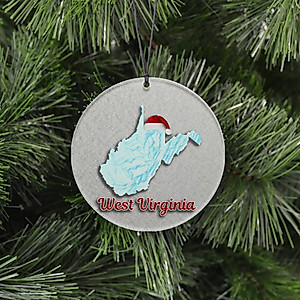 West Virginia Christmas Ornament - Winter Theme Featuring Snow, State Terrain Map and Santa Cap - 2024 Acrylic Tree Decoration - Holiday Gift and Home Decor