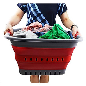 SAMMART 37L (9.77 gallon) Collapsible Plastic Laundry Basket - Foldable Pop Up Storage Container/Organizer - Space Saving Hamper/Basket (1, Grey/Red)