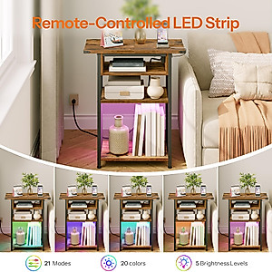 HOOBRO Narrow LED End Table with Charging Station, Small Side Table Outlets, Nightstand with USB C Port, Skinny Couch Table, for Living Room, Bedroom, Bedside, Rustic Brown and Black BF130UDBZ01