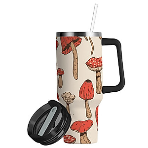 Yasala Car Tumbler with Handle Mushroom Nature Botanic Travel Mug Coffee Cup Insulated Beverage Container Mega Cup for Hot Cold Drinking Thermos Water Bottle Cupholder Friendly 40 oz