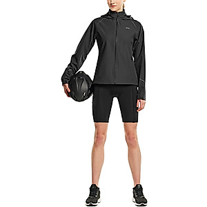 TSLA Women's Cycling Windbreaker Jacket, Waterproof Running Workout Rain Jackets, Packable Reflective Hiking Hoodie, Cycling Black, Small