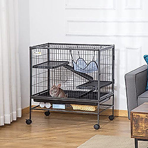 PawHut Small Animal Cage with Hammock, 3 Tiers Ferret Cage with Storage Shelf, Chinchilla Cage Sugar Glider Cage, Strong Metal Wire, Removable Tray