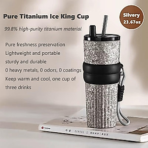 JOEY'S CHOICE 23.67oz/700ml Large Capacity Pure Titanium Double Wall Insulated Tumbler Portable Straw Ice Blaster Car Cup for Milk, Coffee, Water and Juice (Silver)