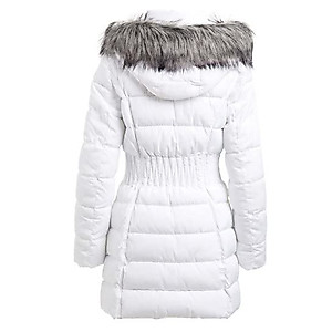 LAUNDRY BY SHELLI SEGAL Women's 3/4 Length Windproof Down Coat with Cinched Waist, Real White, Medium