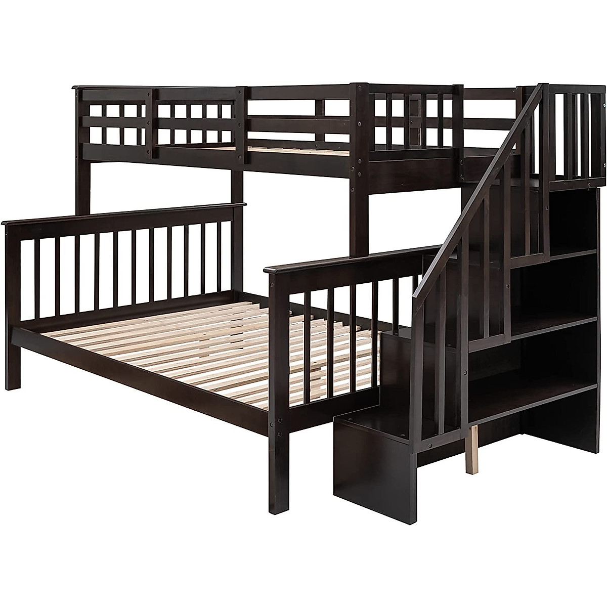 CITYLIGHT Bunk Beds Twin Over Full Size with Stairs, Wooden Bunk Beds with Storage Open Shelves, Stairway Bunk Bed Convertible to 2 Separated Beds,Kids Bunk Beds for Bedroom, Dorm,Espresso
