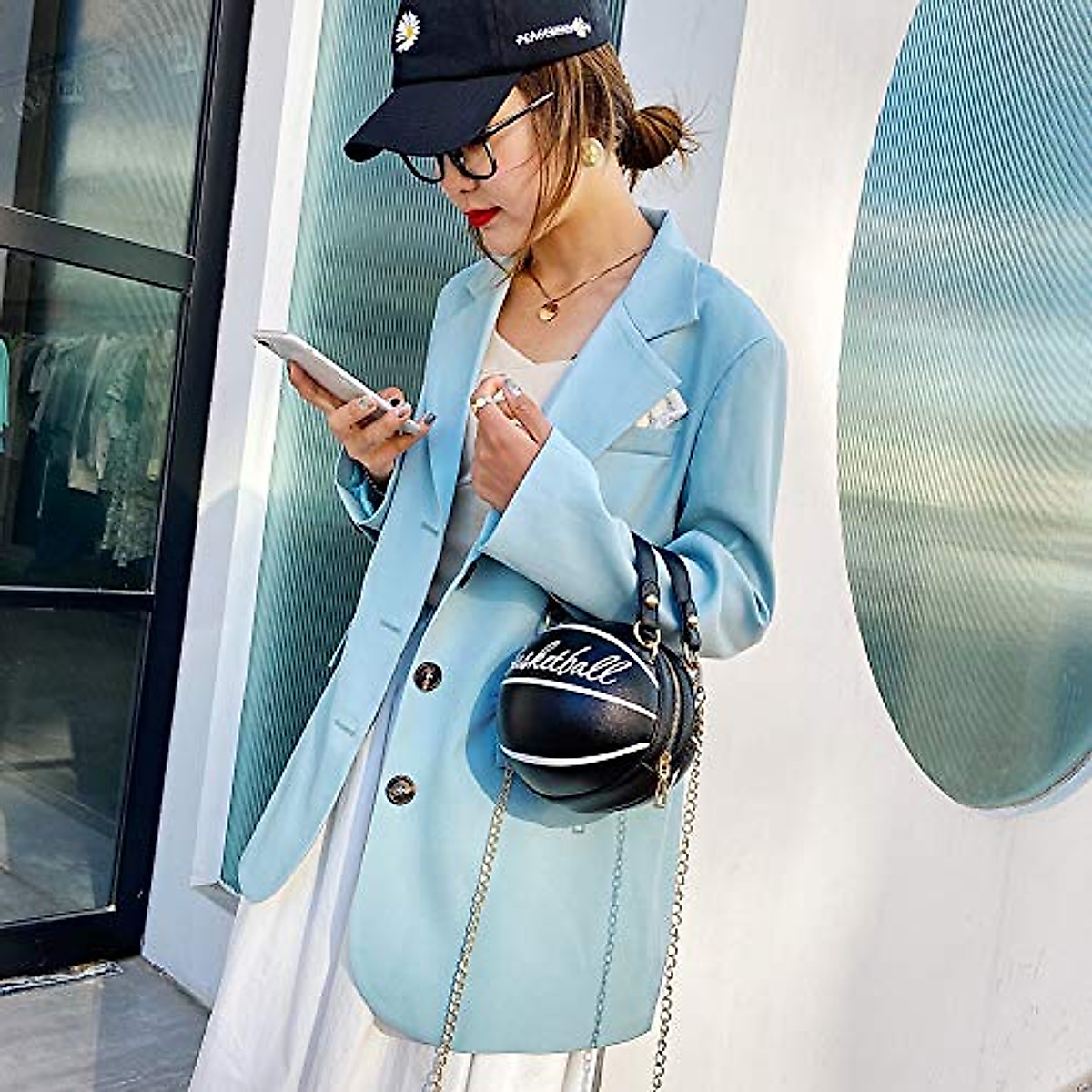 Basketball Shaped Purse Crossbody Bag Round Messenger Bags Tote Shoulder Handbag For Women Girls (Basketball Black)